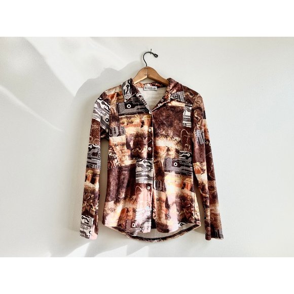 bebe | Tops | 9s Vintage Bebe Top Mixed Print Velour Button Down Shirt ...